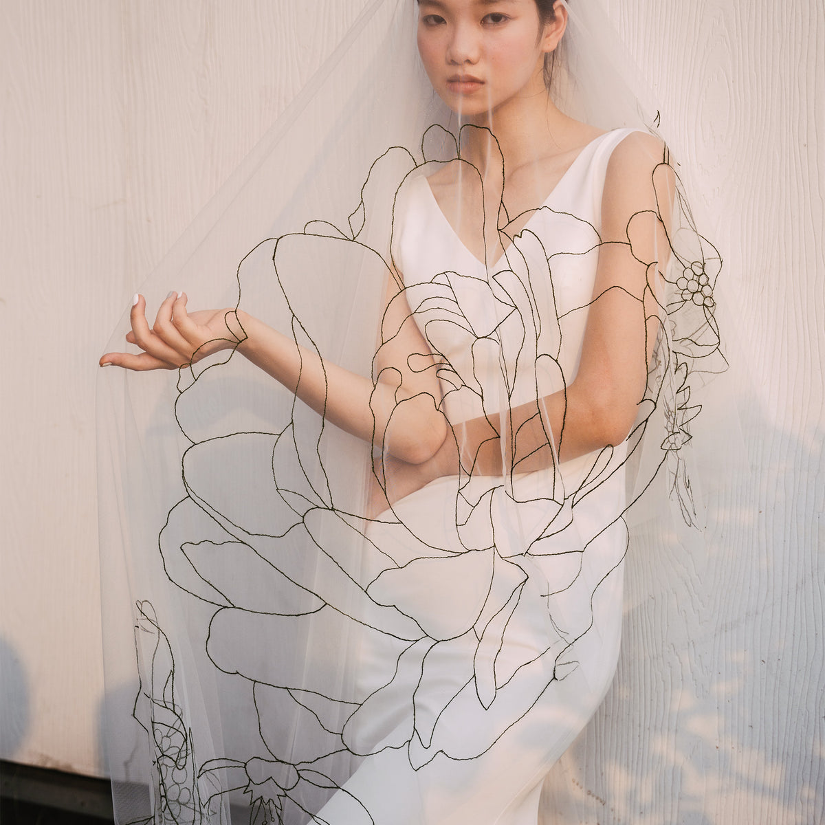 EMMA Veil | Dark green line floral embroidered veil | Handmade Bridal ...